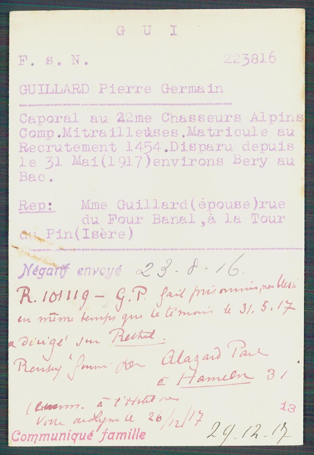 Fiche de demande de renseignements sur Pierre Guillard | Chemin des Dames